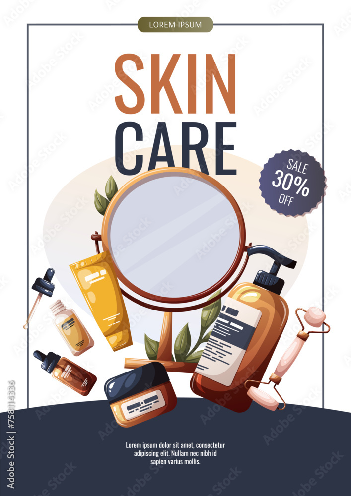 Flyer design with set of beauty products, cosmetics, mirror. Beauty ...