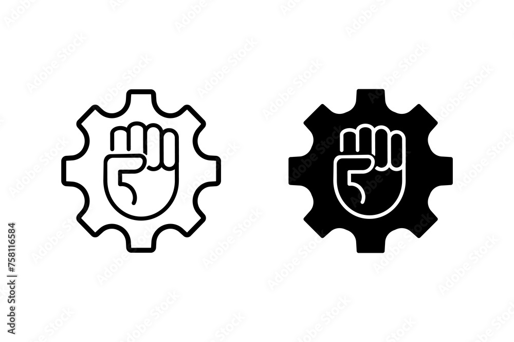 Labour day symbol filled and outline. Fist inside a cogwheel icon. Hand ...