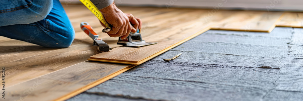 ภาพประกอบสต็อก person installing wood flooring in an empty room,a close ...