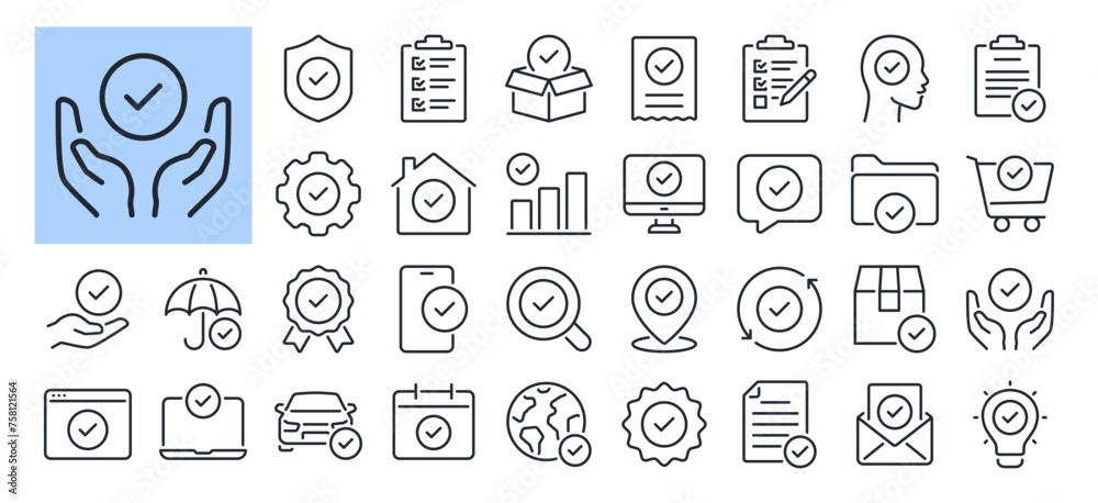 Check mark editable stroke outline icons set isolated on white ...