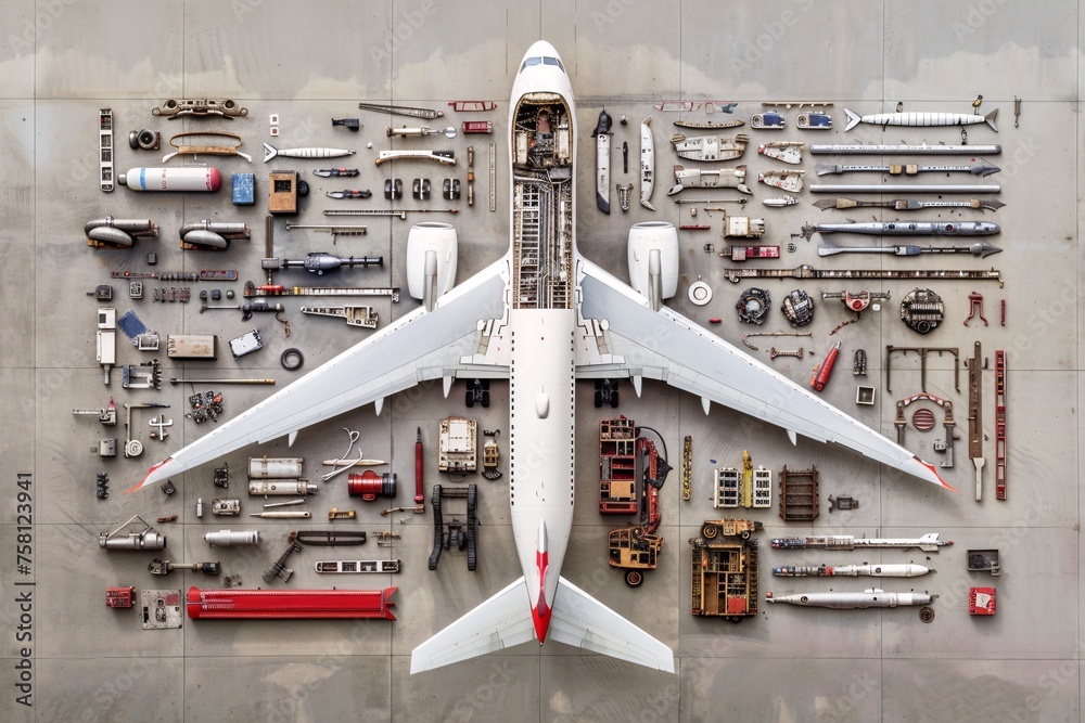 Top view of an airplane showcasing different parts and sections Stock ...