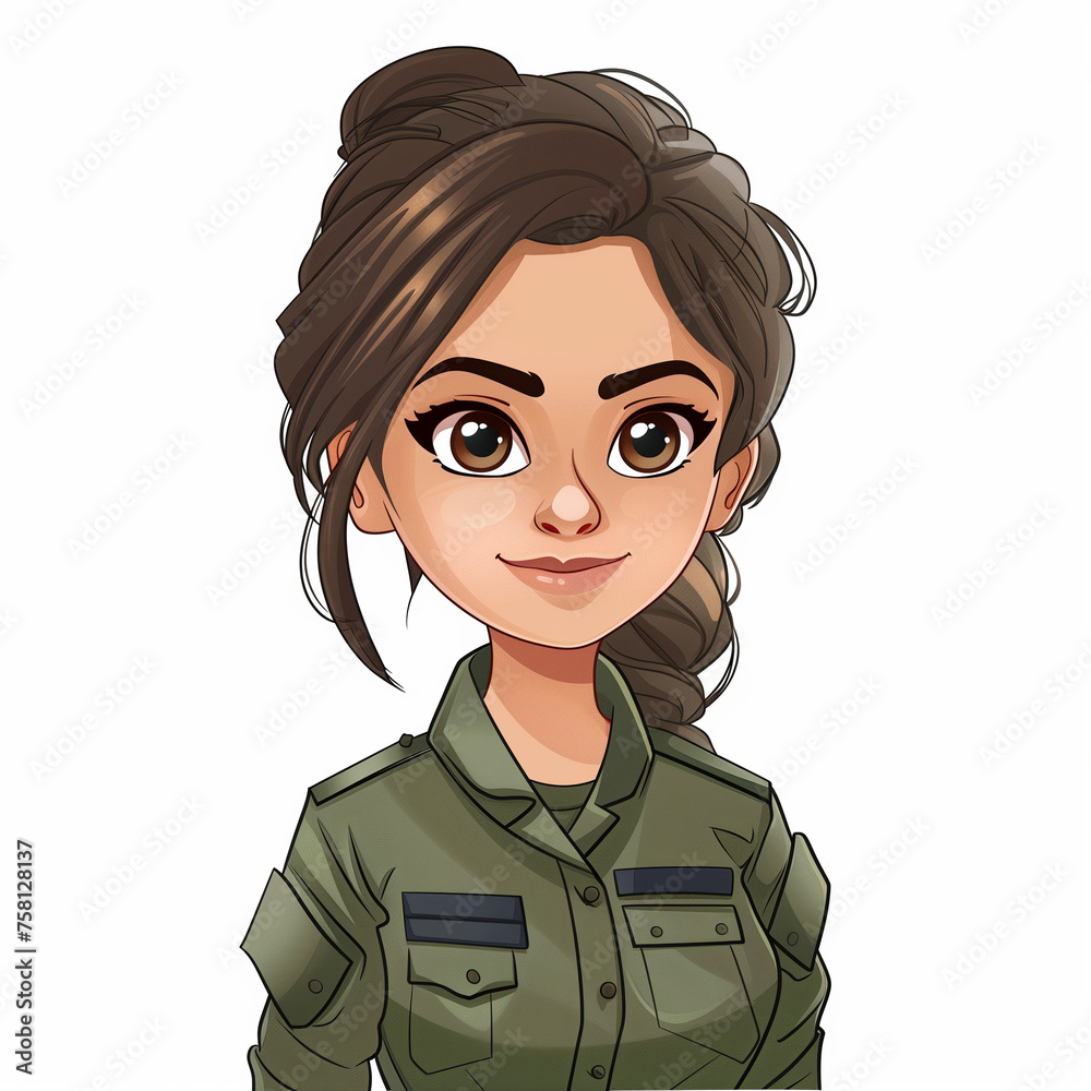 Cartoon style avatar illustration portrait of a young female soldier ...