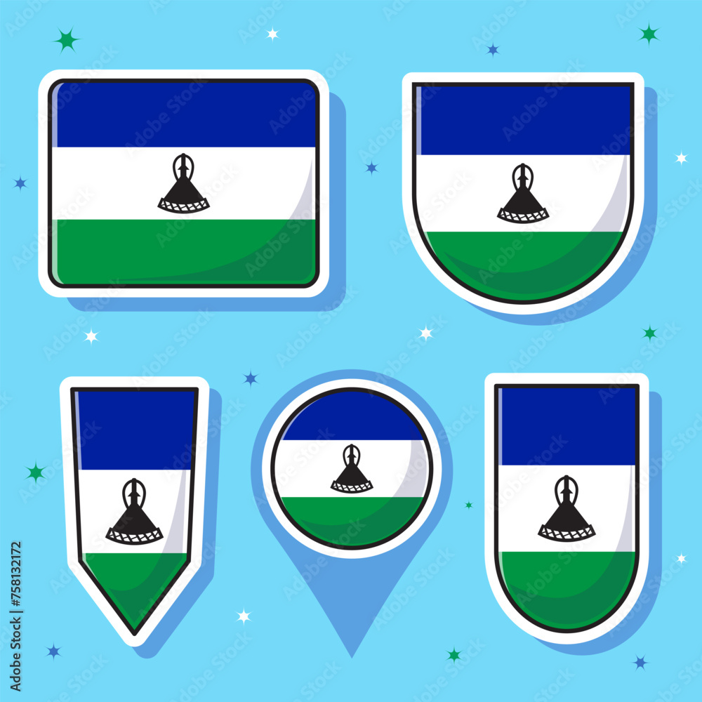 Flat cartoon vector illustration of Lesotho national flag with many ...