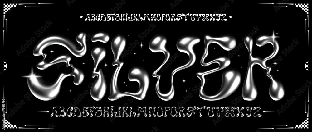 Glossy metallic silver font. Liquid metal Inflated alphabet, 3D ballon ...