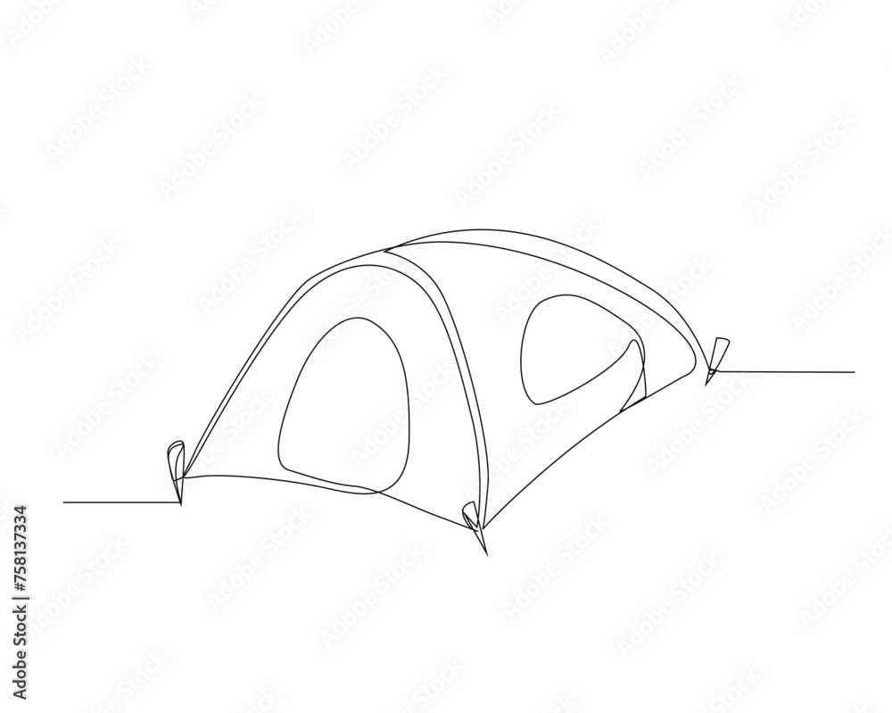 Continuous one line drawing of tent camping in outdoor. Canvas tent ...