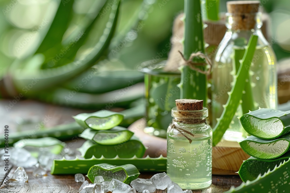 Cosmetic essence from the Aloe Vera plant, bottles with essence next to ...