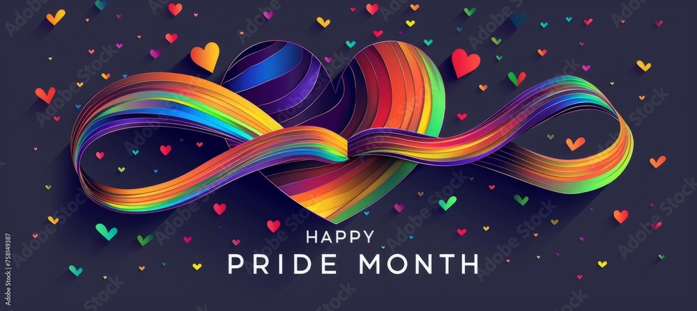 Pride month banner design with a rainbow ribbon forming a heart shape ...