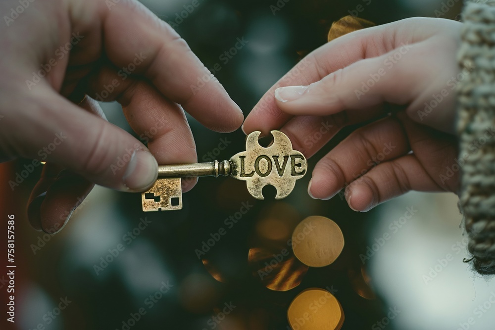 Close-up of a couple's intertwined fingers holding a delicate golden ...