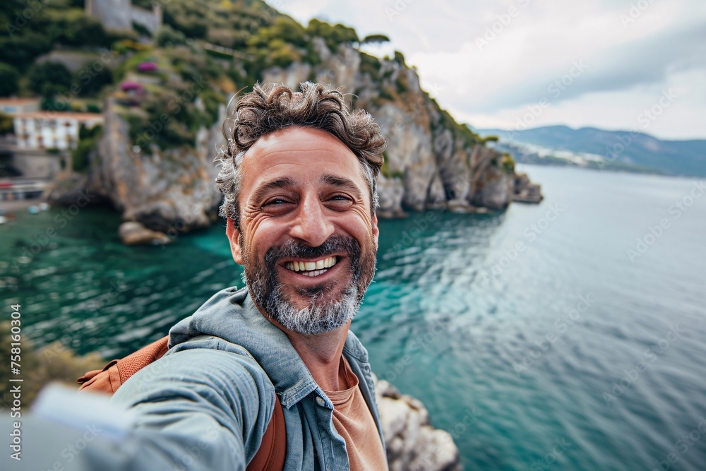 Adult man with a radiant grin, capturing a selfie with iconic landmarks ...