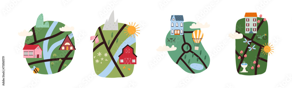 Set of cute spring maps with houses, cartoon flat vector illustration ...