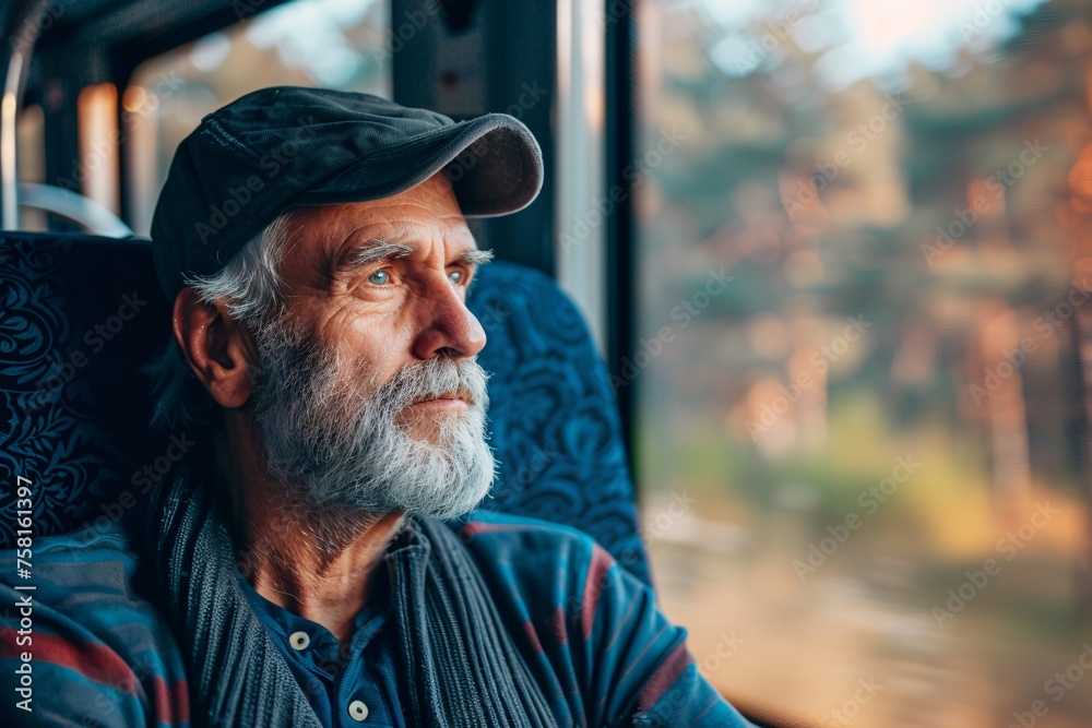 An old man with a contemplative gaze, observing the scenery passing by ...