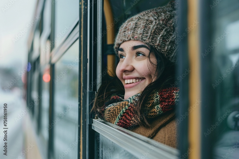 Woman with an excited expression, gazing out the window of the bus as ...