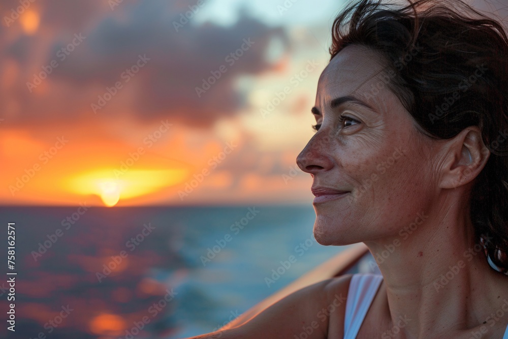 A woman with a radiant expression, admiring the stunning sunset from ...
