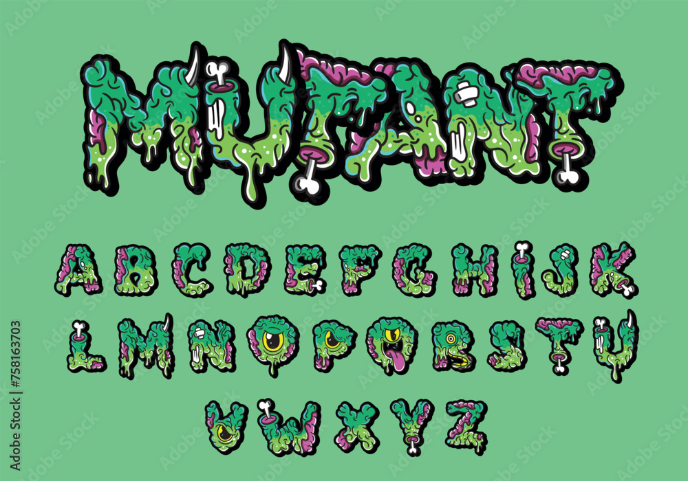 Mutant font. Cartoon green vector graffiti letters with brains, eyes ...