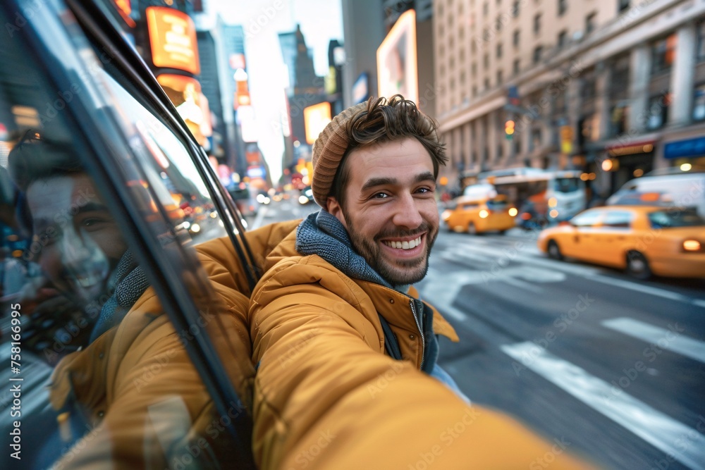 Man leaning out of the taxi window, capturing a selfie with the iconic ...