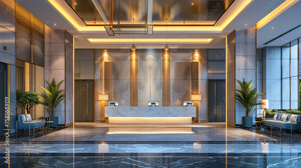 Interior of luxury hotel lobby with reception desk and relax zone for ...