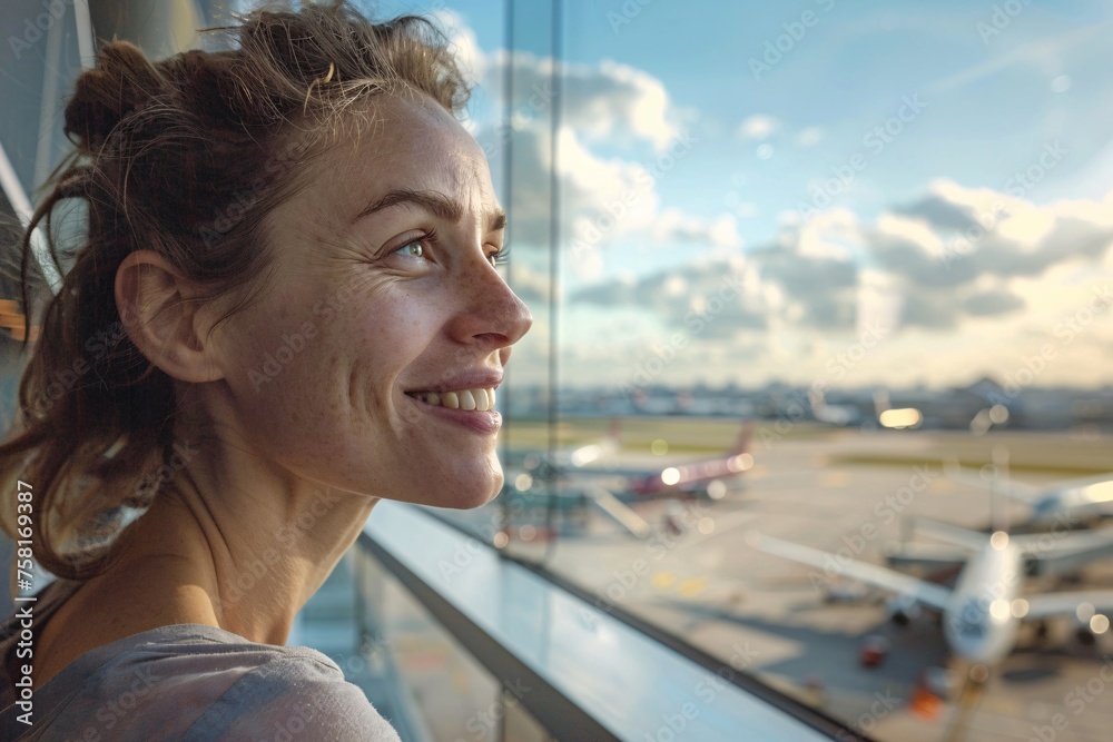 A woman with a joyful expression, admiring the view of airplanes taking ...