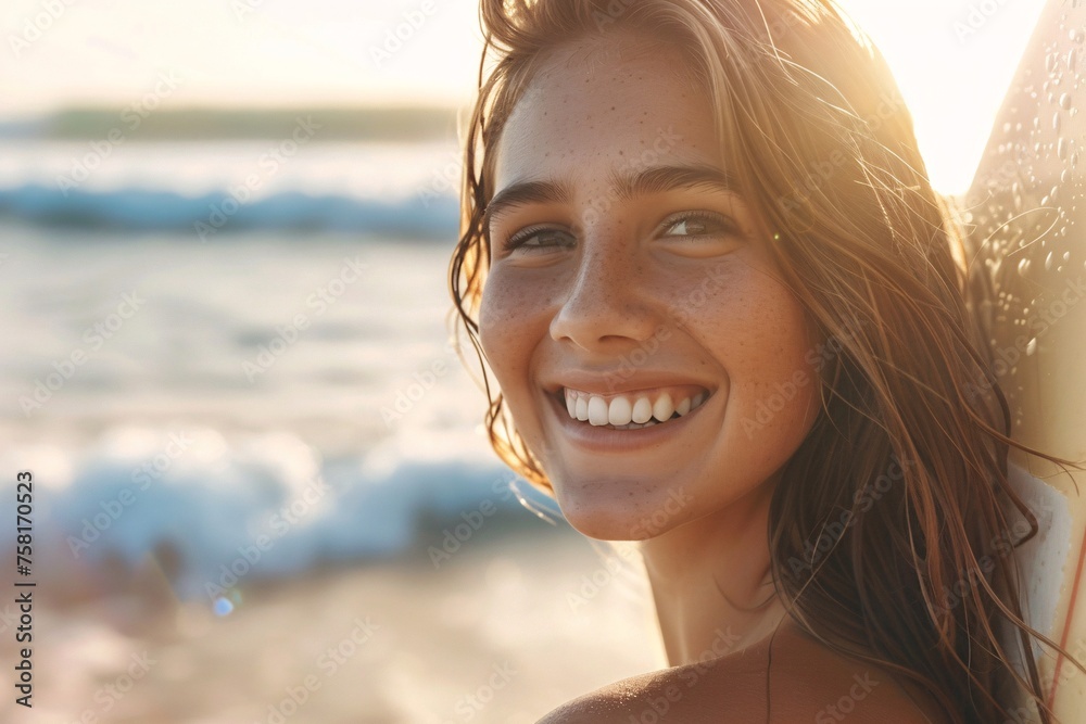 A smiling girl with sun-kissed cheeks and a surfboard under her arm ...