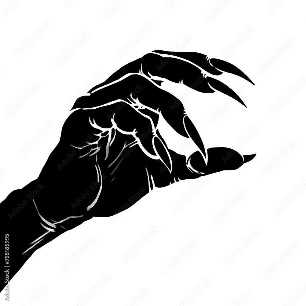 stylized hand drawn illustration of an ominous demonic black hand ...