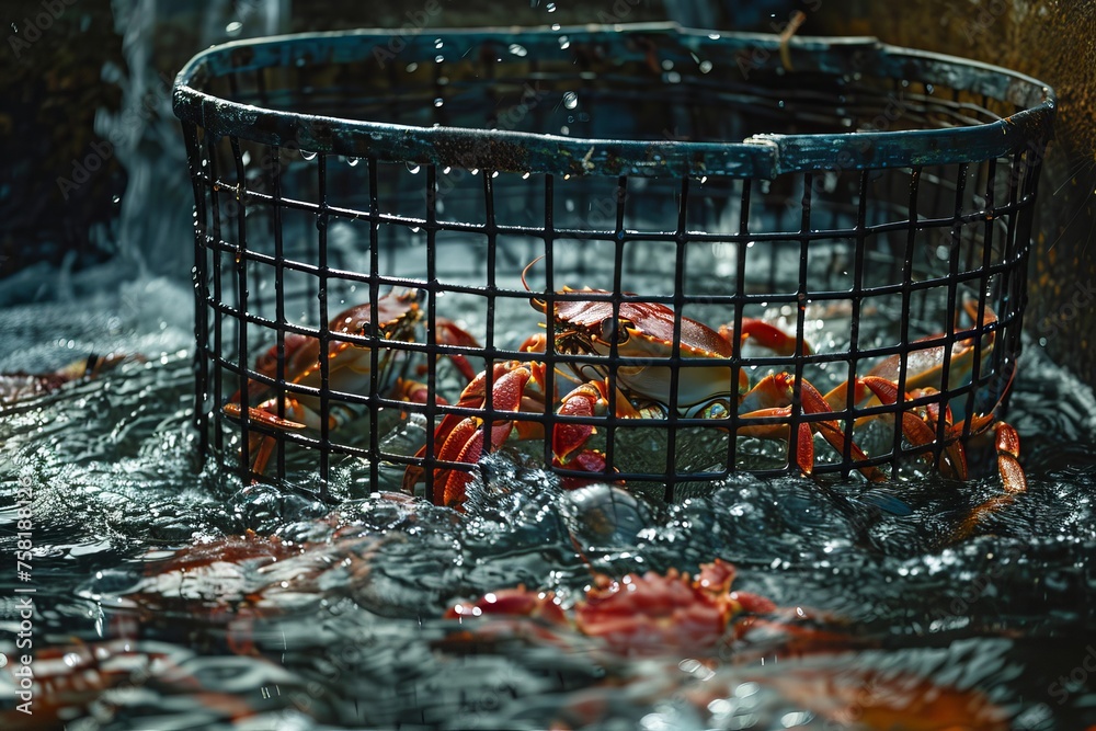 Iron traps cage with Red king crabs in the water, catching crabs from a ...