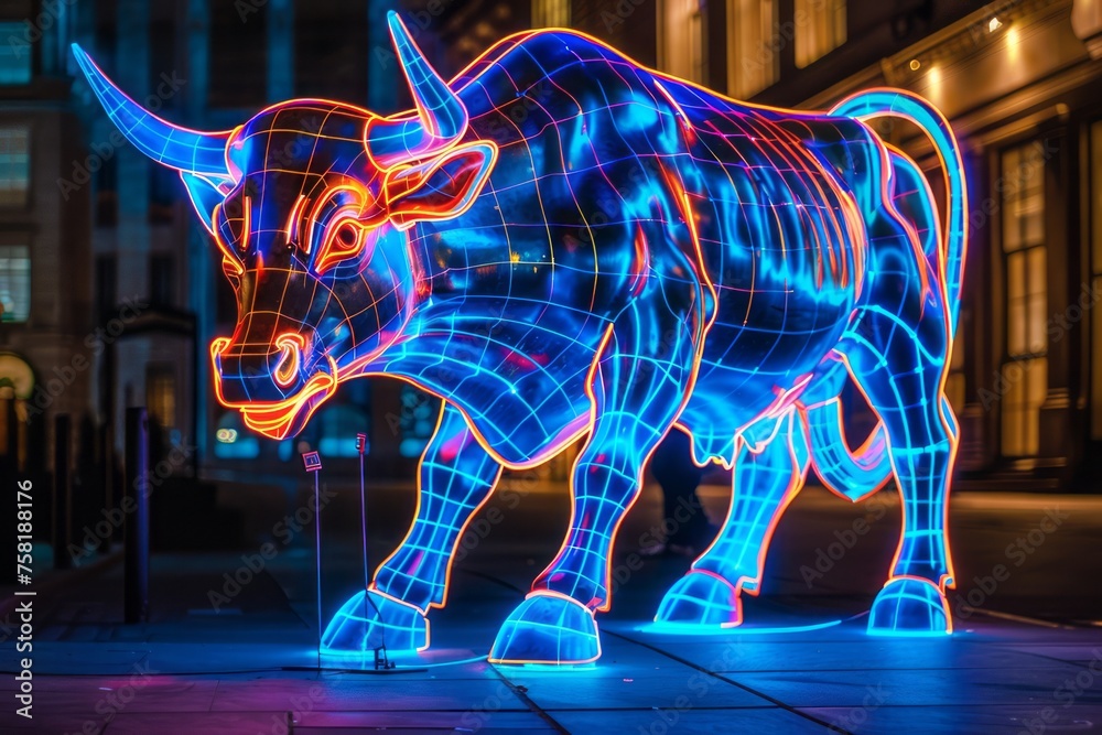 Neon lights around the bull statue. Neon lights outline every line on ...