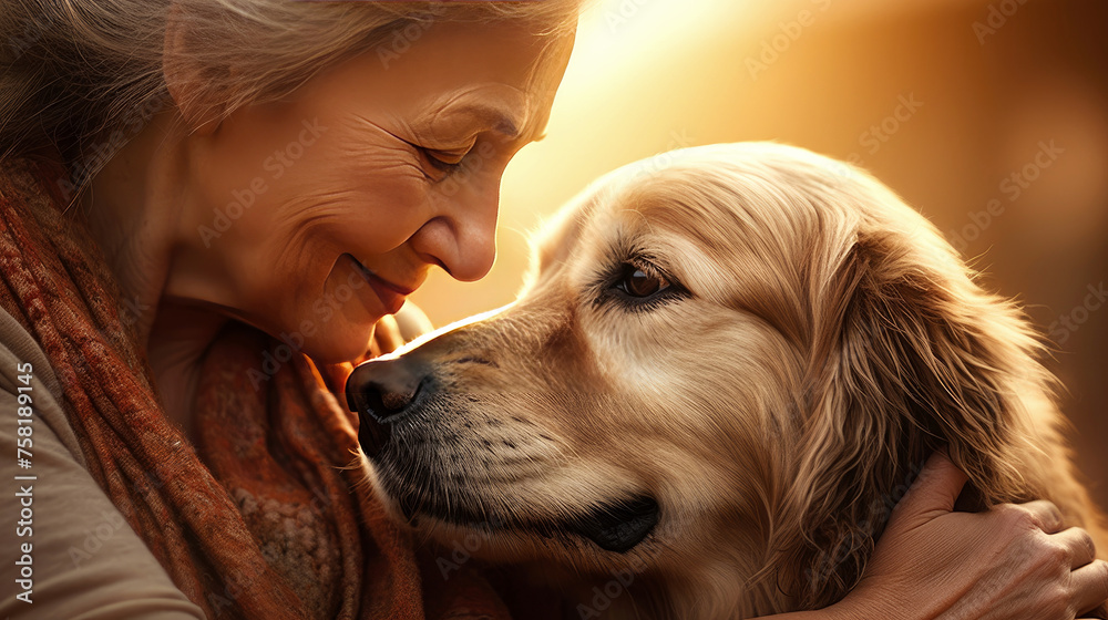 Old lady and golden retriever dog close-up portrait in backlight ...
