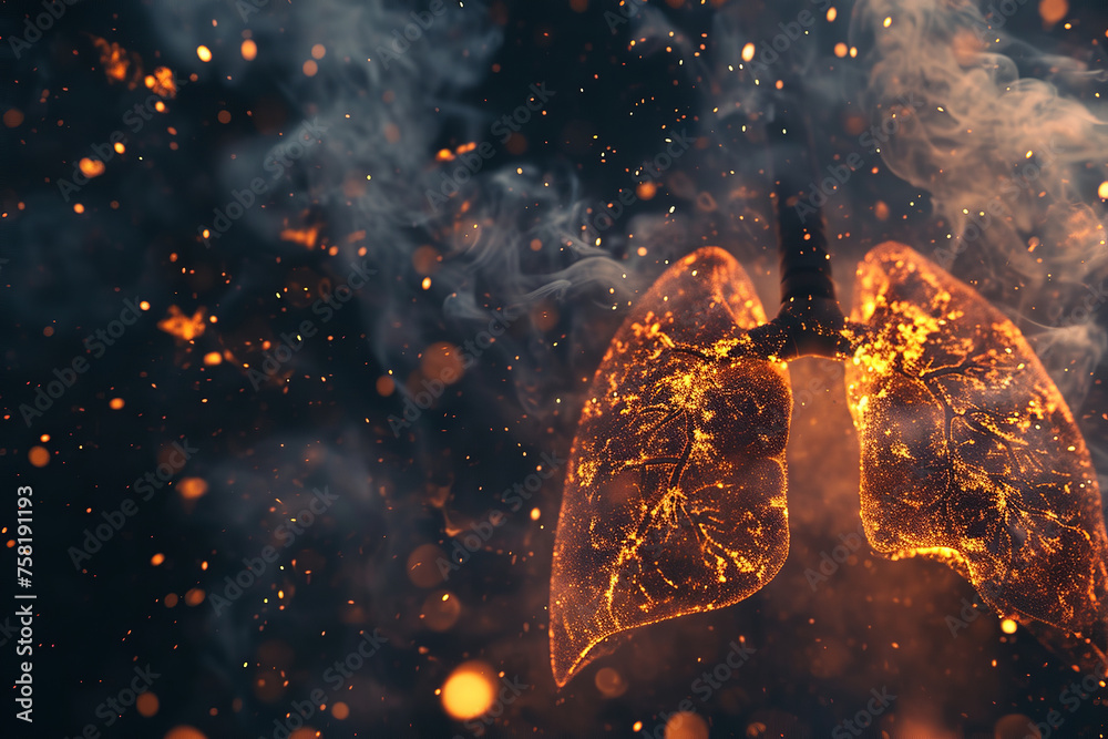 Smoky lungs of a smoker presented in 3D illustration, dark background ...
