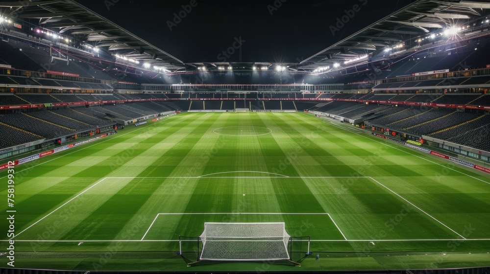 empty soccer stadium at night with bright field lights and a perfectly ...