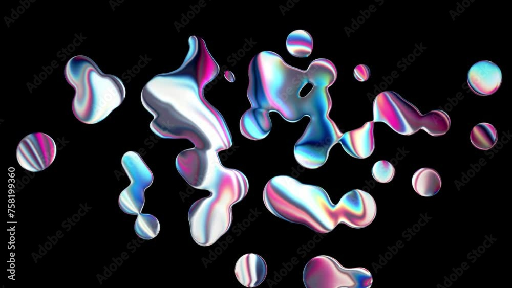 3D Liquid Metal Iridescent morphing blobs, holographic chrome texture ...