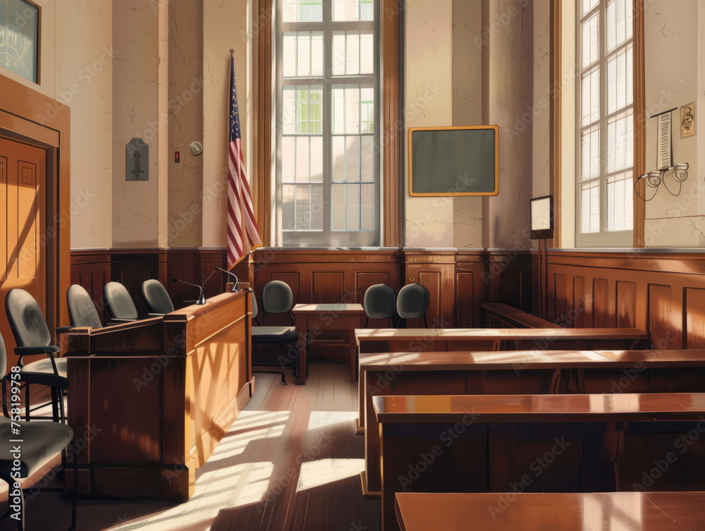 An animated depiction of a courtroom scene with desks, chairs, and the ...