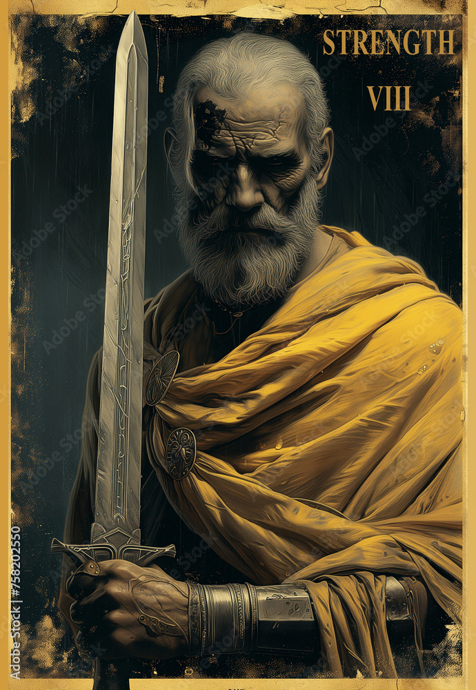 Modern style tarot card of strength, showing a warrior symbol of ...