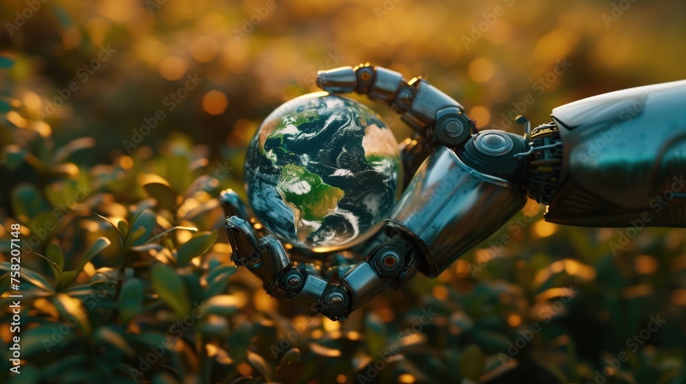 Earth crystal glass globe ball in robot hand saving the environment ...