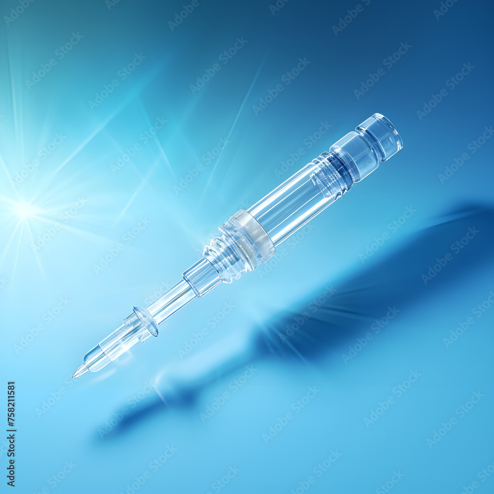 syringe with a needle transparent medical syringe on blue background ...