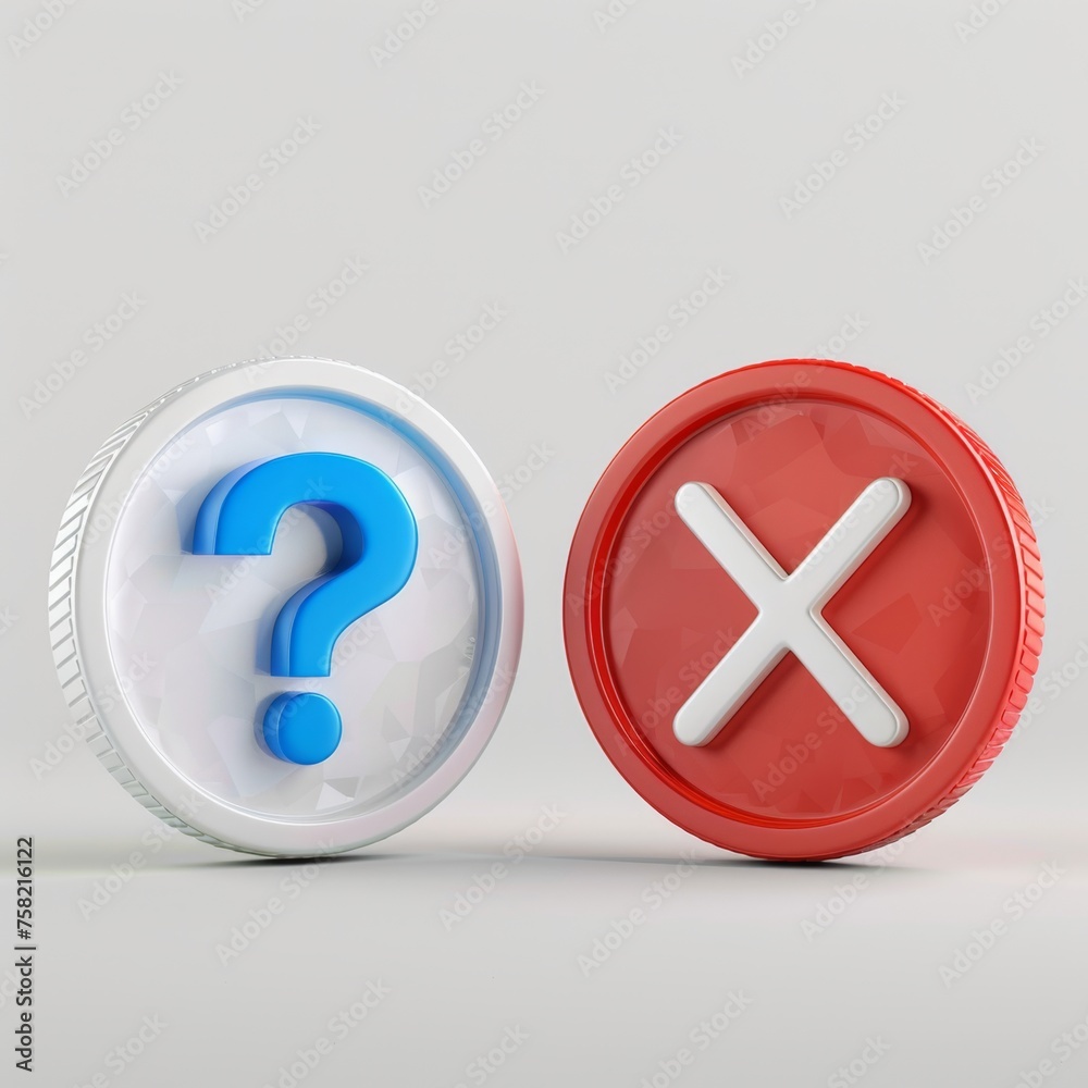 2 coins, white coin with blue question mark on the left, red coin with ...