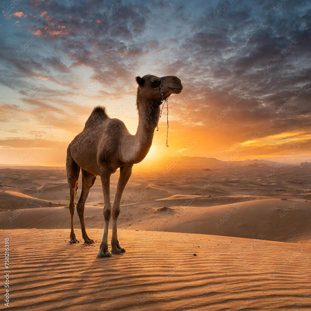 사막에 홀로 서 있는 낙타와 일몰 Stock Illustration | Adobe Stock
