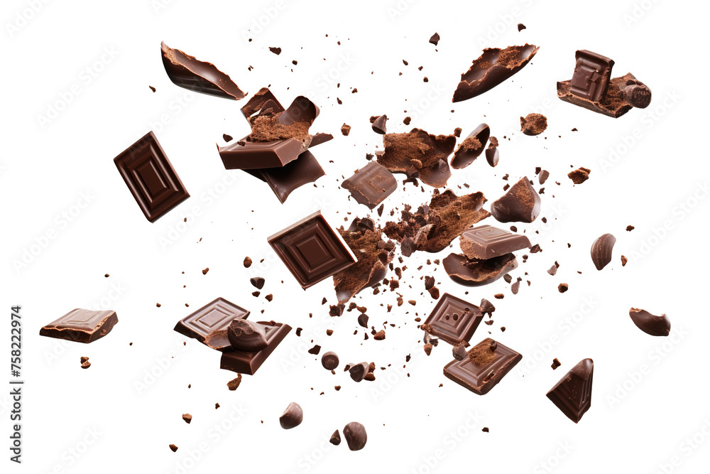 Various types of delicious chocolate falling with choc flake isolated ...