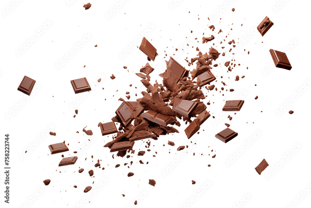 Various types of delicious chocolate falling with choc flake isolated on transparent background ...