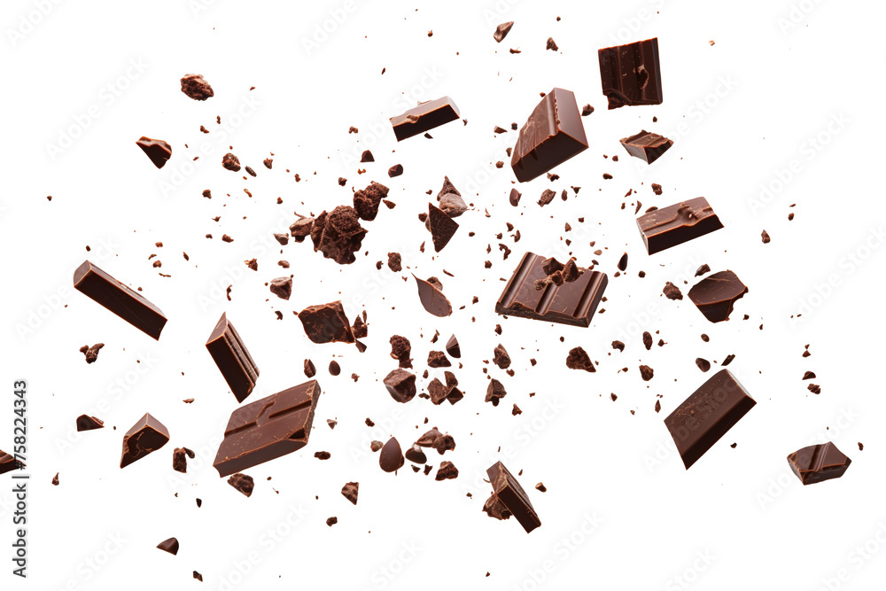 Various types of delicious chocolate falling with choc flake isolated ...