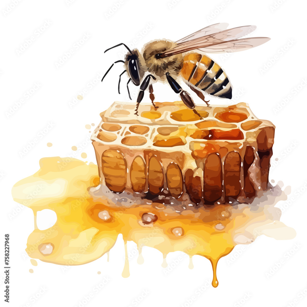 Watercolor Vector of bee on a piece of wax and honey, Isolated on white ...
