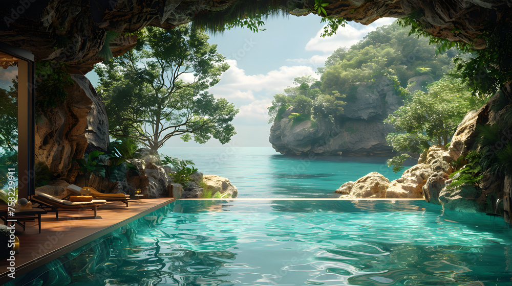 Breathtaking digital art of a secret cave pool with a stunning view of ...