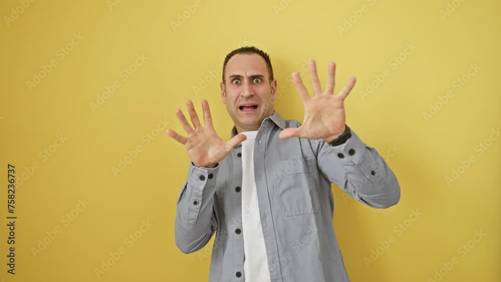 Vidéo Stock Terrified young hispanic man in shirt, expressing panic ...