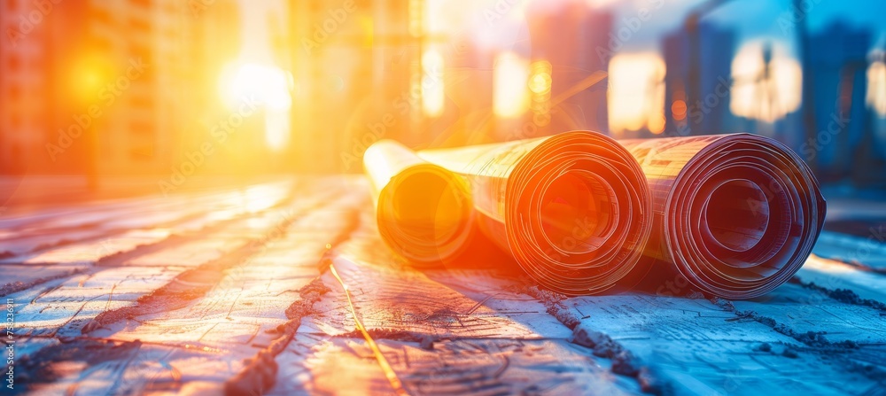 Architectural blueprint and rolled technical project drawing for ...