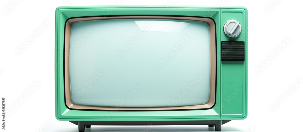 A vintage green rectangle television with a white screen is displayed ...