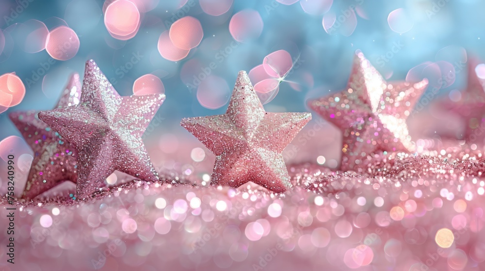 a group of pink stars sitting on top of a pile of pink and white ...