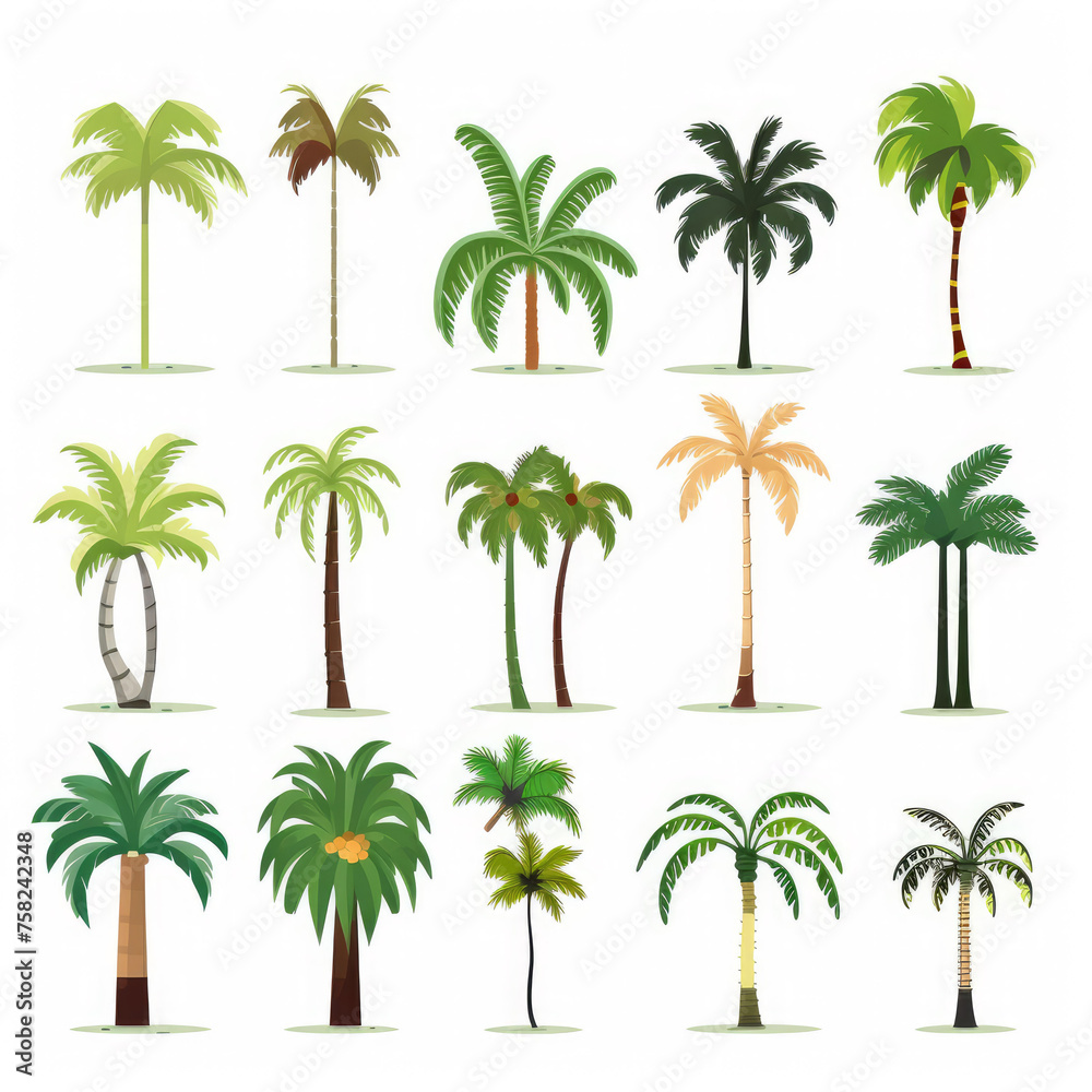 Flat design vector palm trees icon set. Popular palm tree species ...