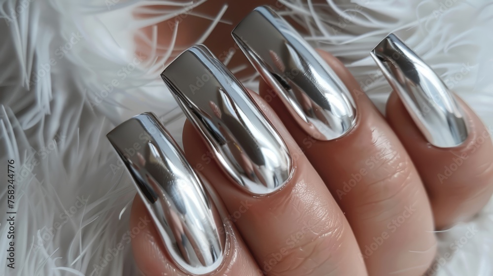 Chrome mirror nail manicure. Close-up of reflective metallic ...