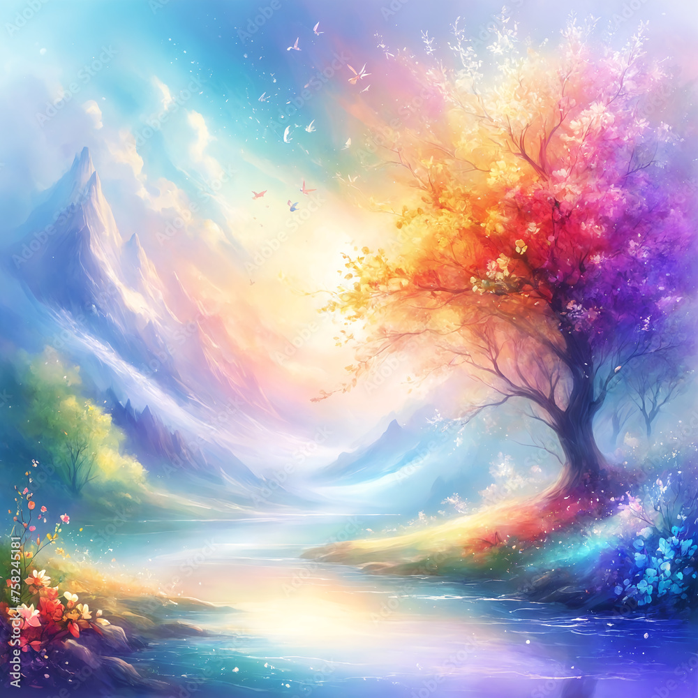 Colorful mountain scene with a tree in the foreground. The tree appears ...