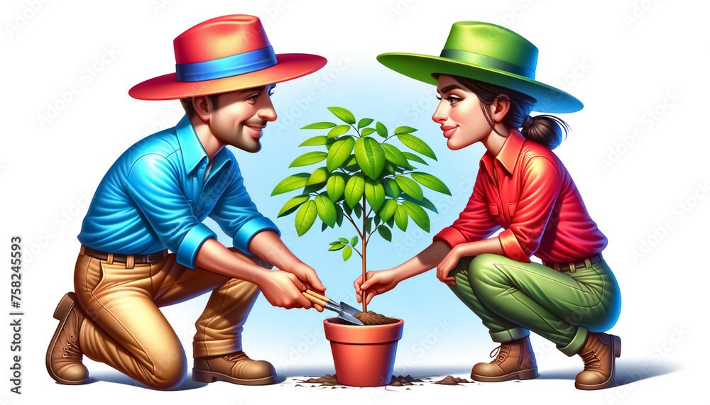 Tree Planting Caricature: Colorful 3D Illustration of Two Individuals ...