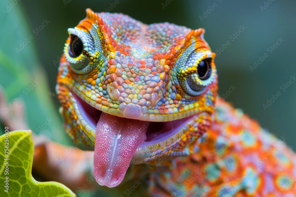 A lizard with a pink tongue sticking out of its mouth. The tongue is ...