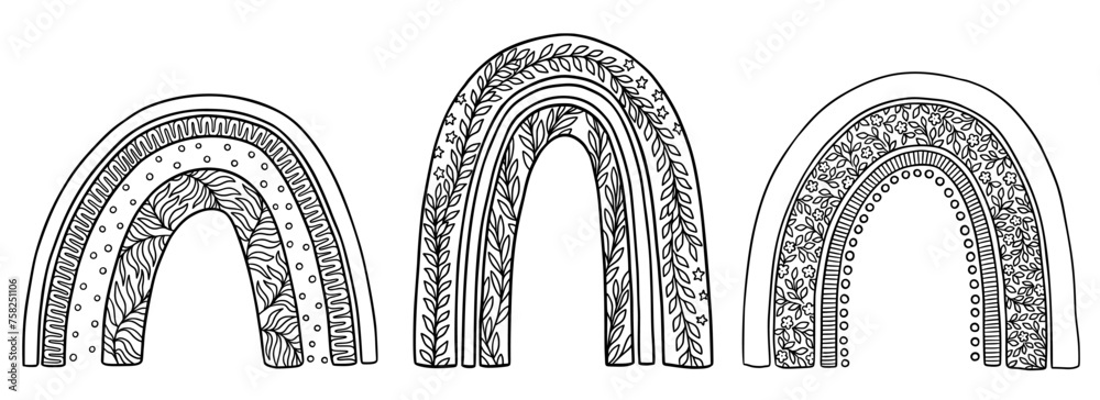 Set of hand drawn black and white boho rainbows in outline style. Cute ...